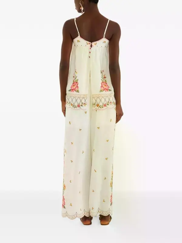 Farm Rio Floral Embroidered Palazzo Pants - White