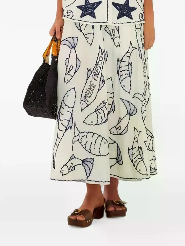 Farm Rio Embroidered Linen Midi Skirt - White