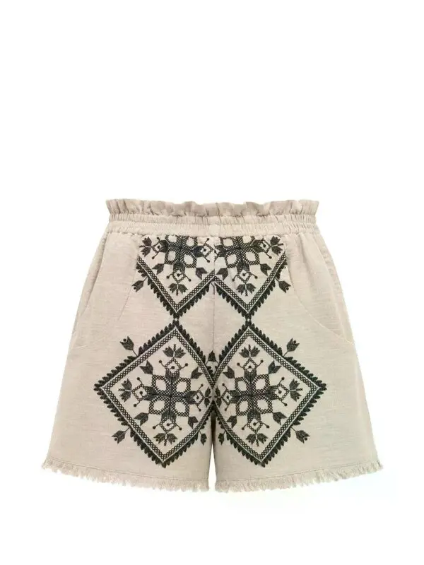 Greek Archaic Kori Geometric Embroidery Linen Shorts - Neutrals
