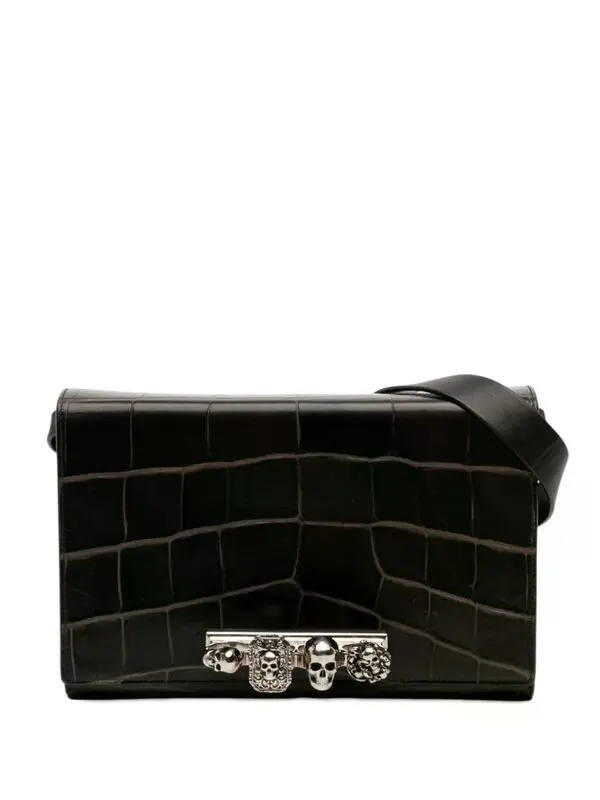 Alexander McQueen Mini Croc Embossed Skull Jeweled Crossbody Bag - Black