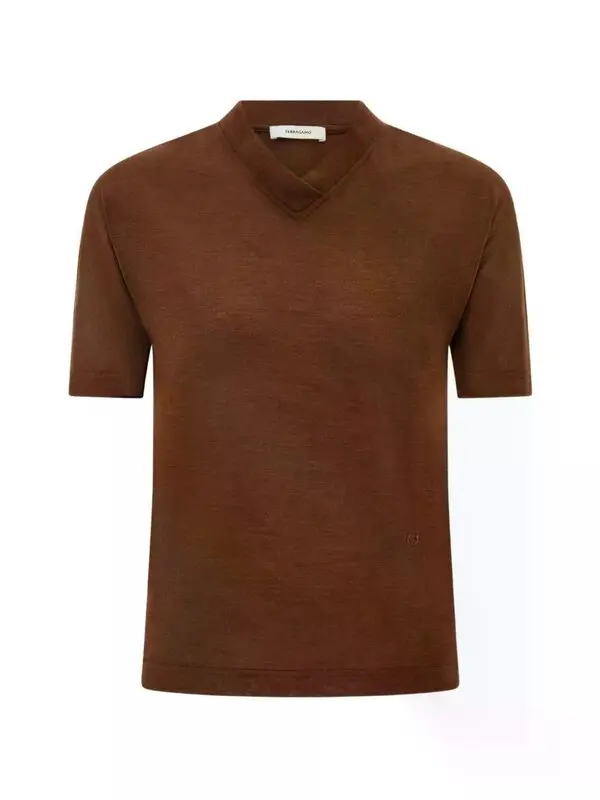 FERRAGAMO Silk V-neck T-shirt - Brown