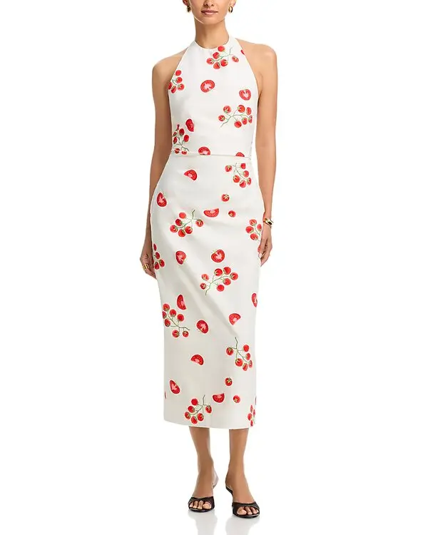 Line & Dot Tomato Print Halter Midi Dress - Ivory Multi