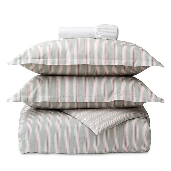CHRISTY Calder Stripe Cotton Percale 4 Piece Bedding Set - Green