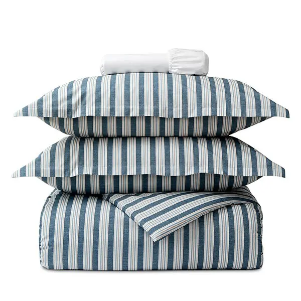 CHRISTY Calder Stripe Cotton Percale 4 Piece Bedding Set - Navy