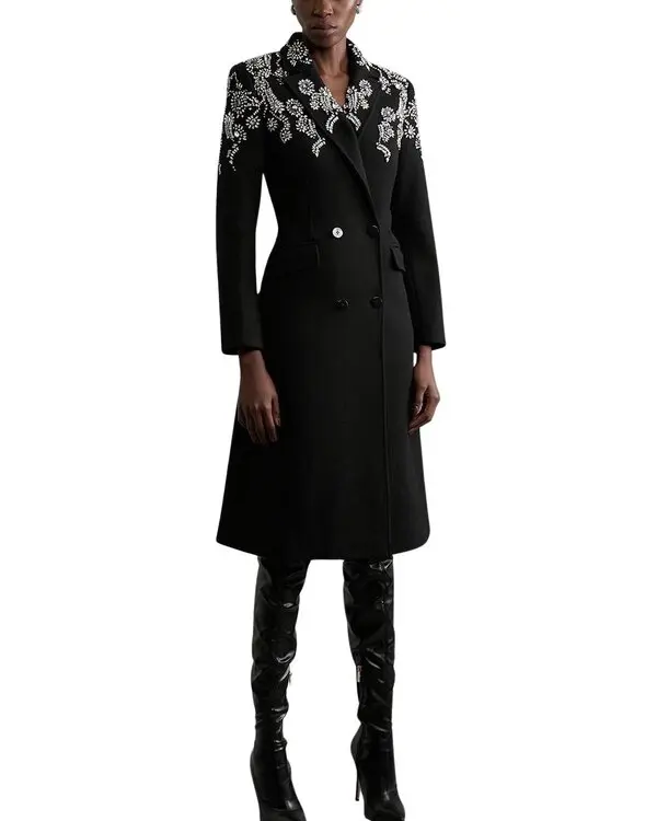 Karen Millen Tailored Wool Double Breasted Embellished Midi Coat