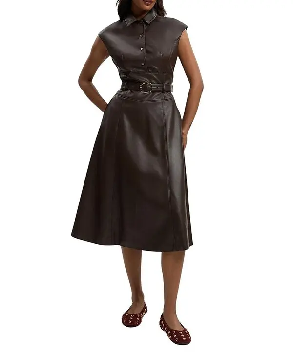 Karen Millen Faux Leather Belted Midi Dress - Chocolate