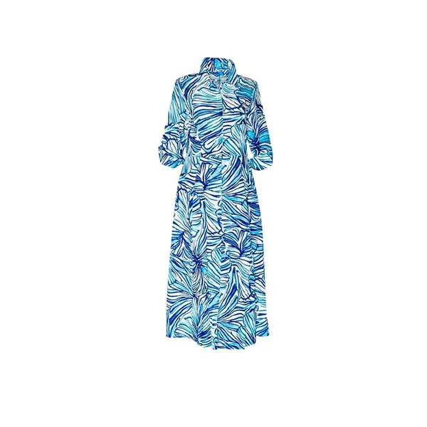 PERLAVERA Linen Blend Maxi Dress - Blue/white