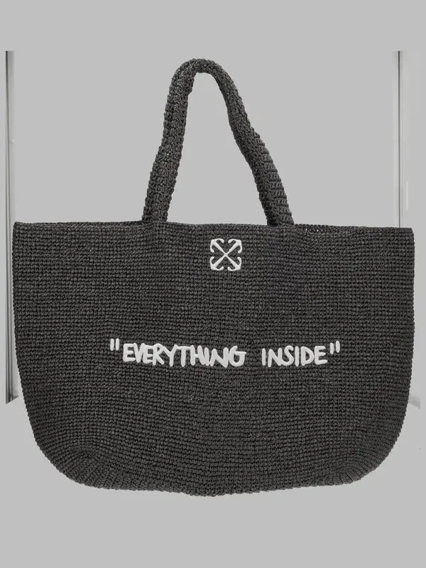 Off-White Raffia Tote Bag With Embroidery - Black