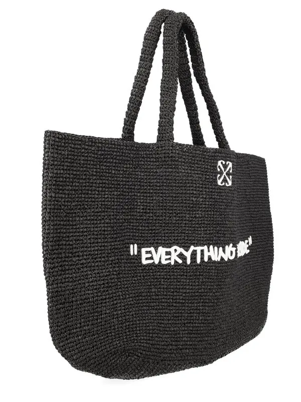 Off-White Raffia Tote Bag With Embroidery - Black