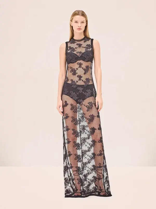 Alexis Eterna Sleeveless High Neck Lace Overlay Maxi Dress - Noir