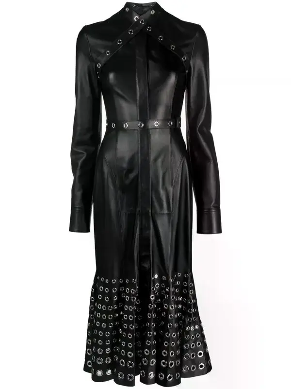 Off-White Leather Midi Dress With Eyelet Embellishments