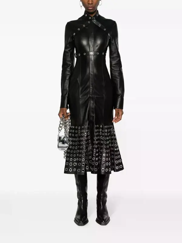 Off-White Leather Midi Dress With Eyelet Embellishments