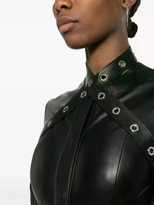Off-White Leather Midi Dress With Eyelet Embellishments