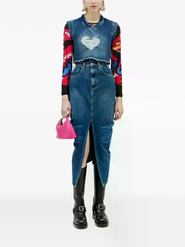 REWARD IF FOUND Distressed Heart Denim V-neck Top