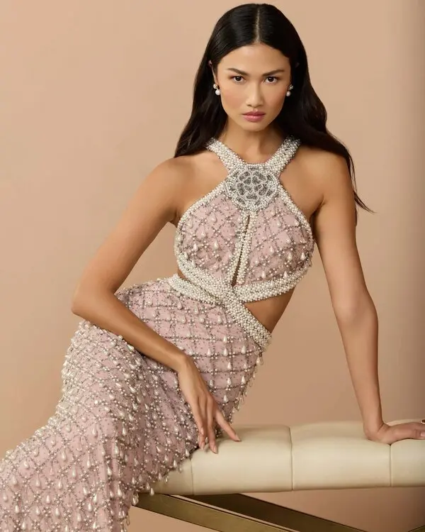 MAC DUGGAL COLLECTION Embellished Pearl Open Back Gown