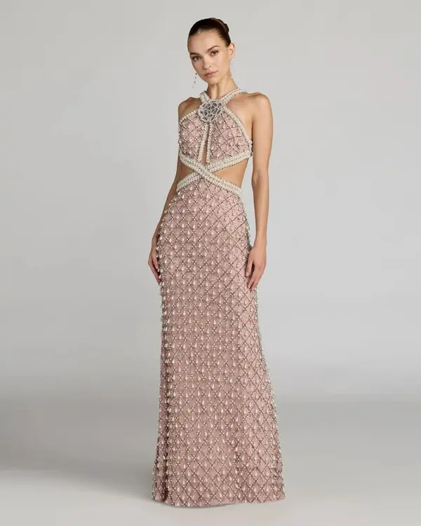 MAC DUGGAL COLLECTION Embellished Pearl Open Back Gown