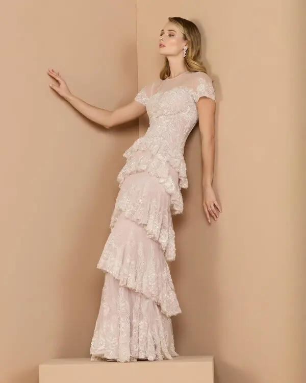 MAC DUGGAL COLLECTION Embellished High Neck Gown With Tiered Ruffle Skirt