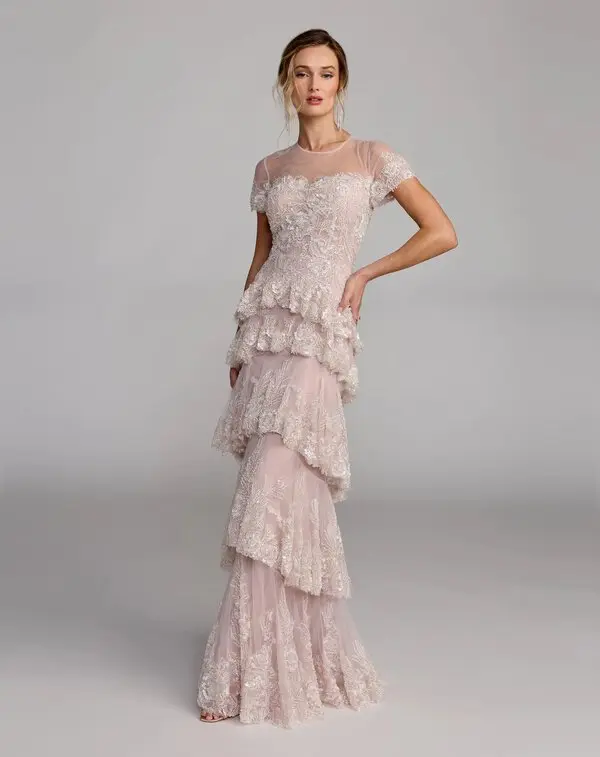 MAC DUGGAL COLLECTION Embellished High Neck Gown With Tiered Ruffle Skirt