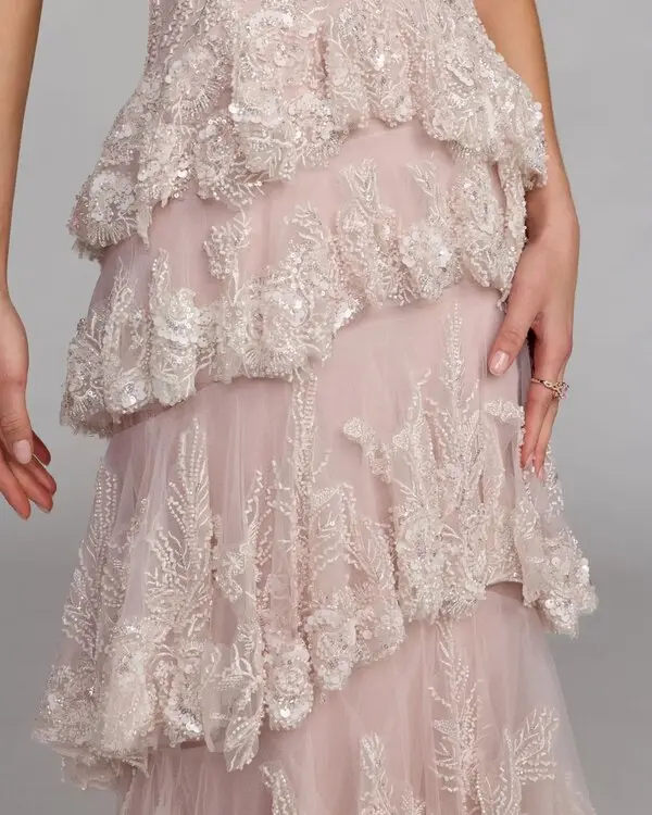 MAC DUGGAL COLLECTION Embellished High Neck Gown With Tiered Ruffle Skirt