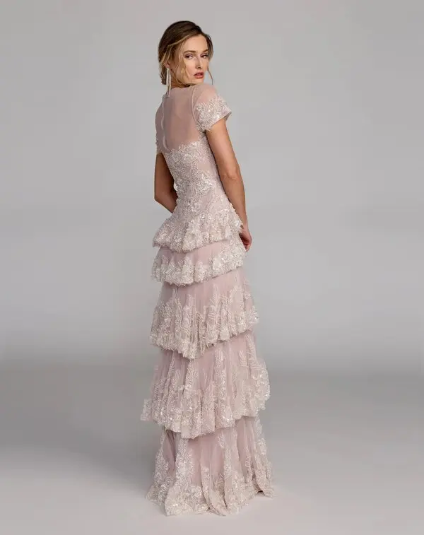 MAC DUGGAL COLLECTION Embellished High Neck Gown With Tiered Ruffle Skirt