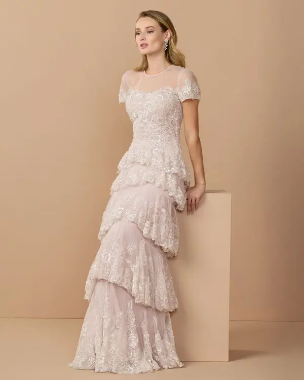 MAC DUGGAL COLLECTION Embellished High Neck Gown With Tiered Ruffle Skirt