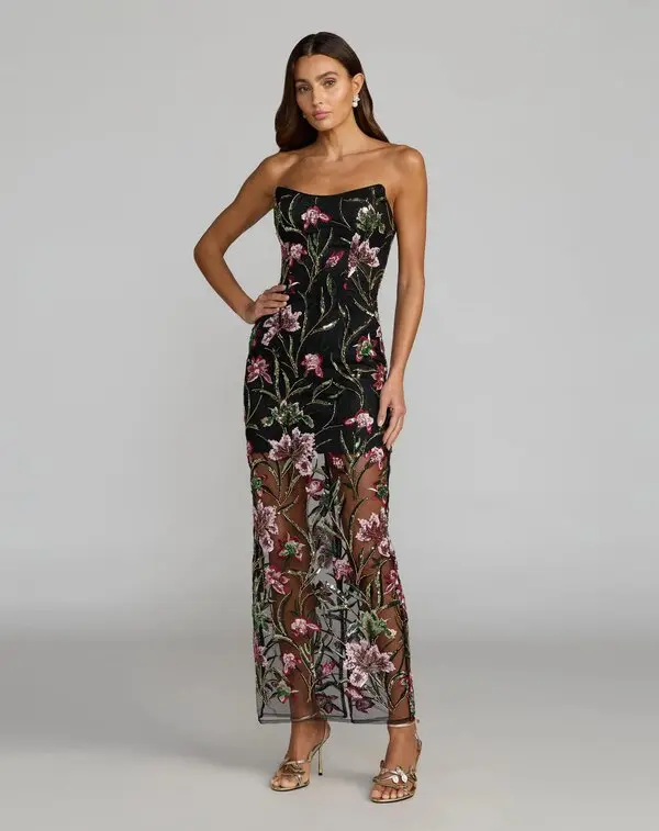 Mac Duggal Floral Embroidered Strapless Column Gown - Black Multi