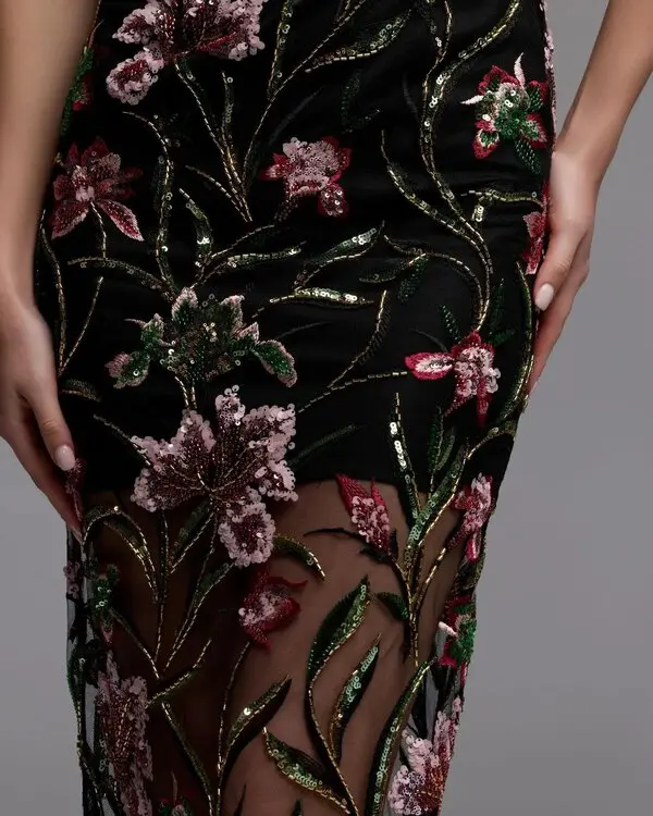 Mac Duggal Floral Embroidered Strapless Column Gown