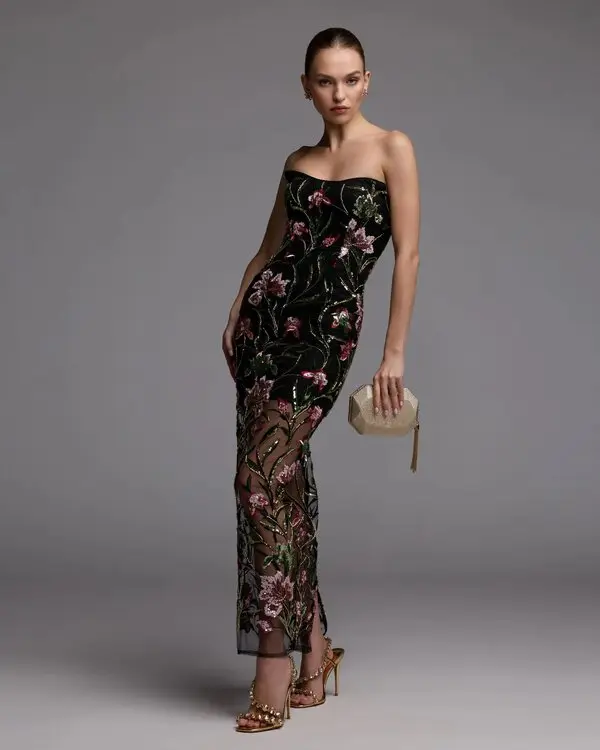 Mac Duggal Floral Embroidered Strapless Column Gown