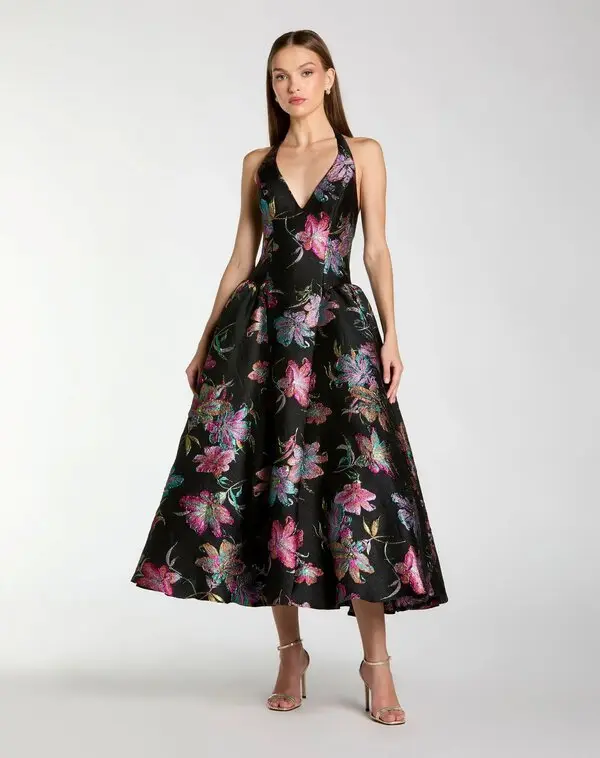 Mac Duggal Brocade Halter Neck Midi Dress - Black Multi