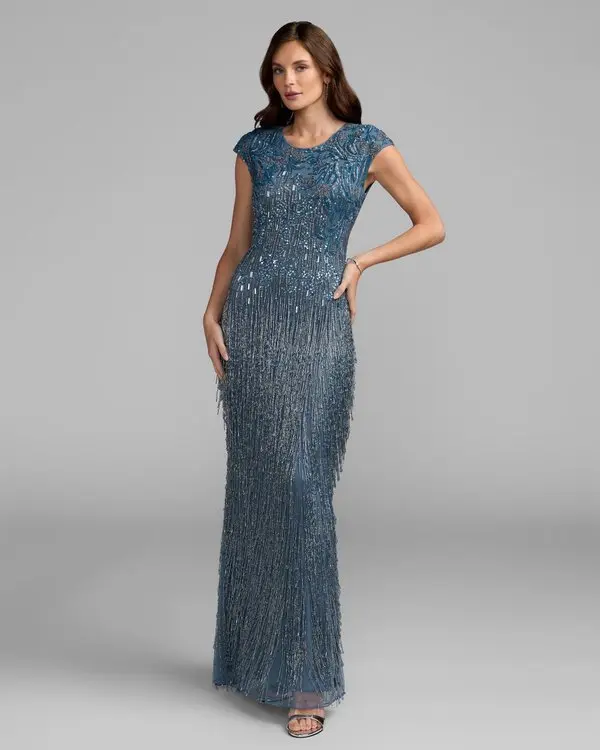 Mac Duggal Embellished Cap Sleeve Gown With Fringe Beading