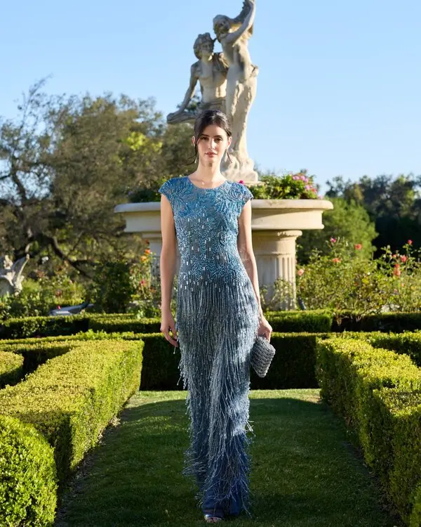 Mac Duggal Embellished Cap Sleeve Gown With Fringe Beading