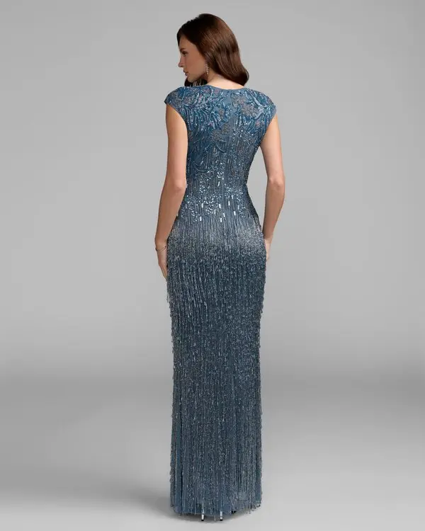 Mac Duggal Embellished Cap Sleeve Gown With Fringe Beading