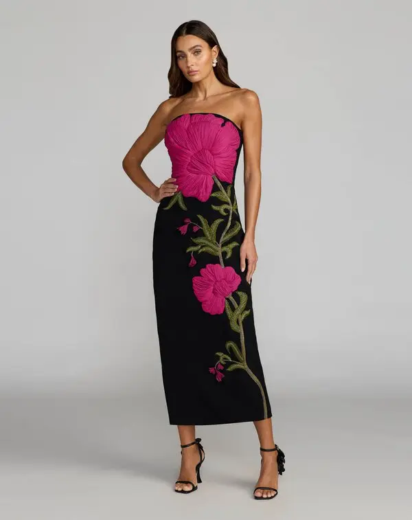 Mac Duggal Strapless Floral Embroidered Sheath Midi Dress