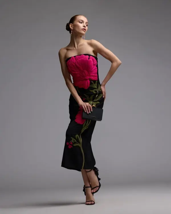 Mac Duggal Strapless Floral Embroidered Sheath Midi Dress