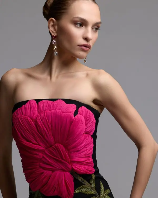 Mac Duggal Strapless Floral Embroidered Sheath Midi Dress