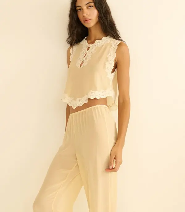 DÔEN Felise Silk Georgette Lace Trimmed Wide Leg Pants