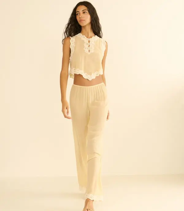 DÔEN Felise Silk Georgette Lace Trimmed Wide Leg Pants