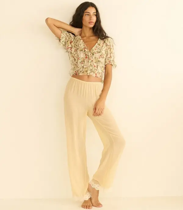 DÔEN Felise Silk Georgette Lace Trimmed Wide Leg Pants