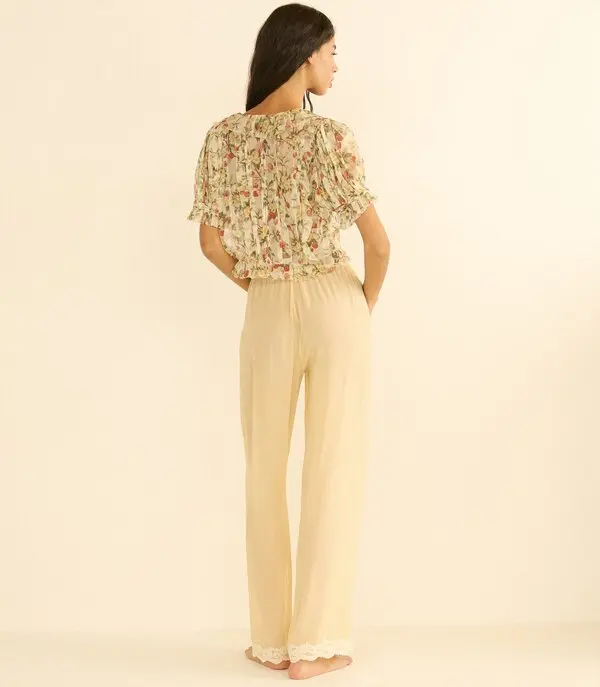 DÔEN Felise Silk Georgette Lace Trimmed Wide Leg Pants