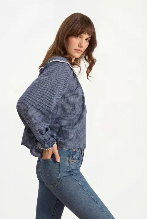 IF ONLY IF Katharine Blouse With Ruffle Collar And Checked Pattern