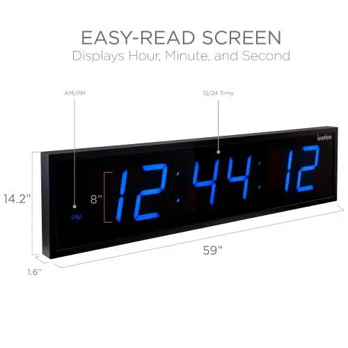 IVATION Digital Clock, 60 Led Wall Clock With Stopwatch, Alarms, Timer - Blue
