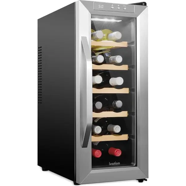 IVATION 12 Bottle Wine Fridge Freestanding Wine Cooler Refrigerator With Glass Door - Silver