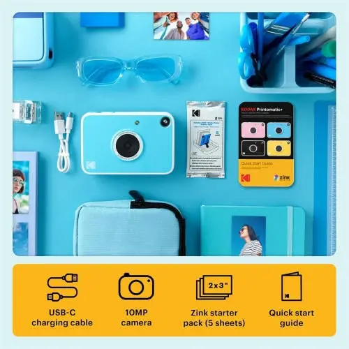 KODAK Printomatic+ Instant Camera Starter Bundle Kit - Blue