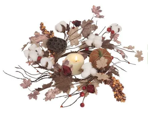 TRANSPAC Multicolor Autumn Cotton Blossom Candle Ring Fall Floral Wreath - Multicolored