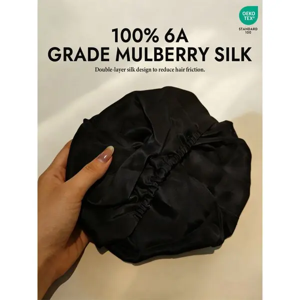 SILKSILKY Pure Silk Double Layer Night Bonnet - Black