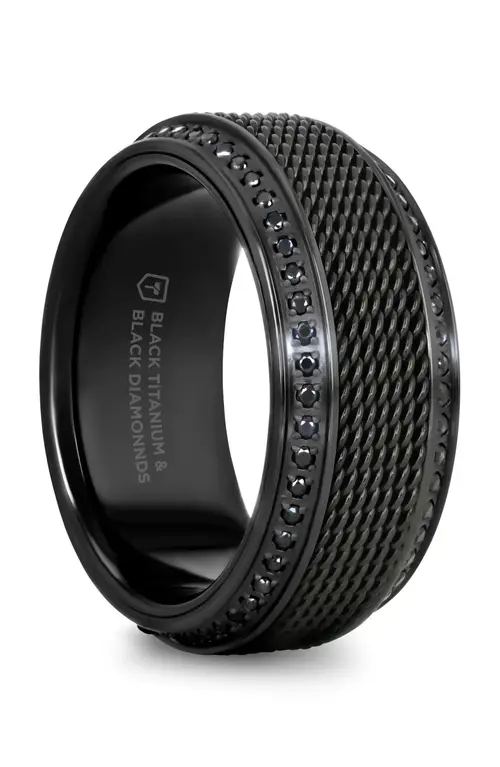 LARSON JEWELERS Steel Chain Black Titanium Wedding Band With Black Diamonds - Black Titanium 10mm