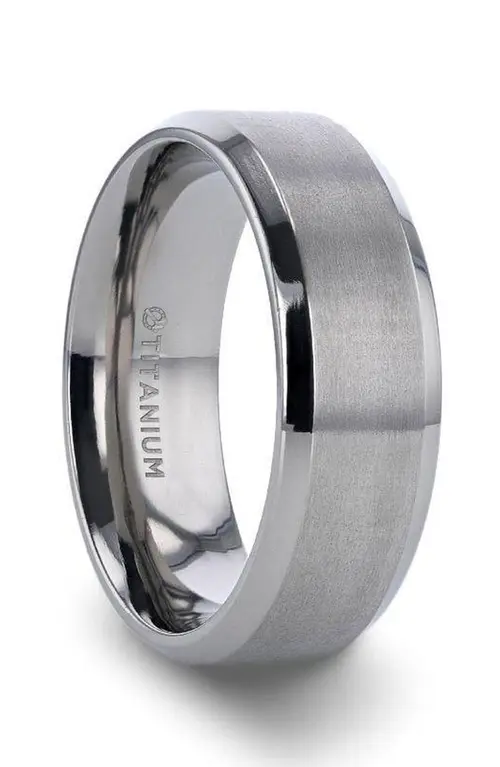 LARSON JEWELERS Titanium Flat Wedding Ring With Polished Beveled Edges - Silver 6mm
