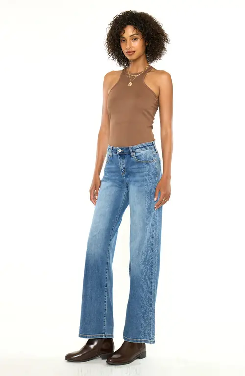 KANCAN Angelique Mid Rise Wide Flare Jeans With Snake Print Detail