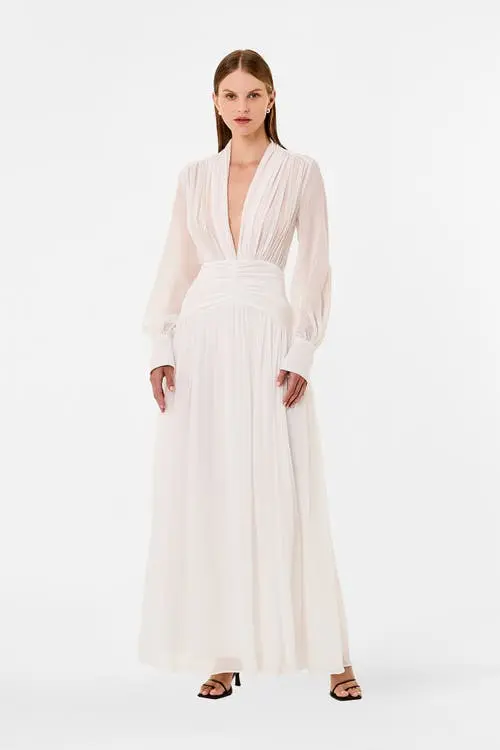 NICHOLAS Jocelyn Silk Maxi Dress With Plunging Neckline And Ruched Waist - Ivory
