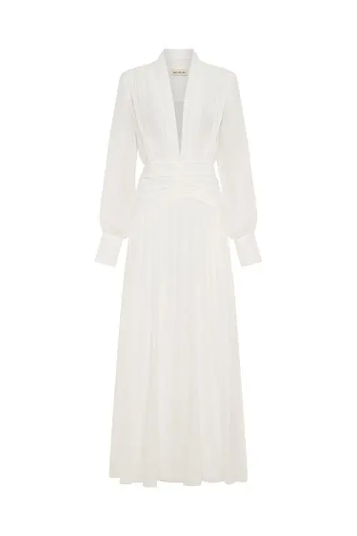 NICHOLAS Jocelyn Silk Maxi Dress With Plunging Neckline And Ruched Waist - Ivory